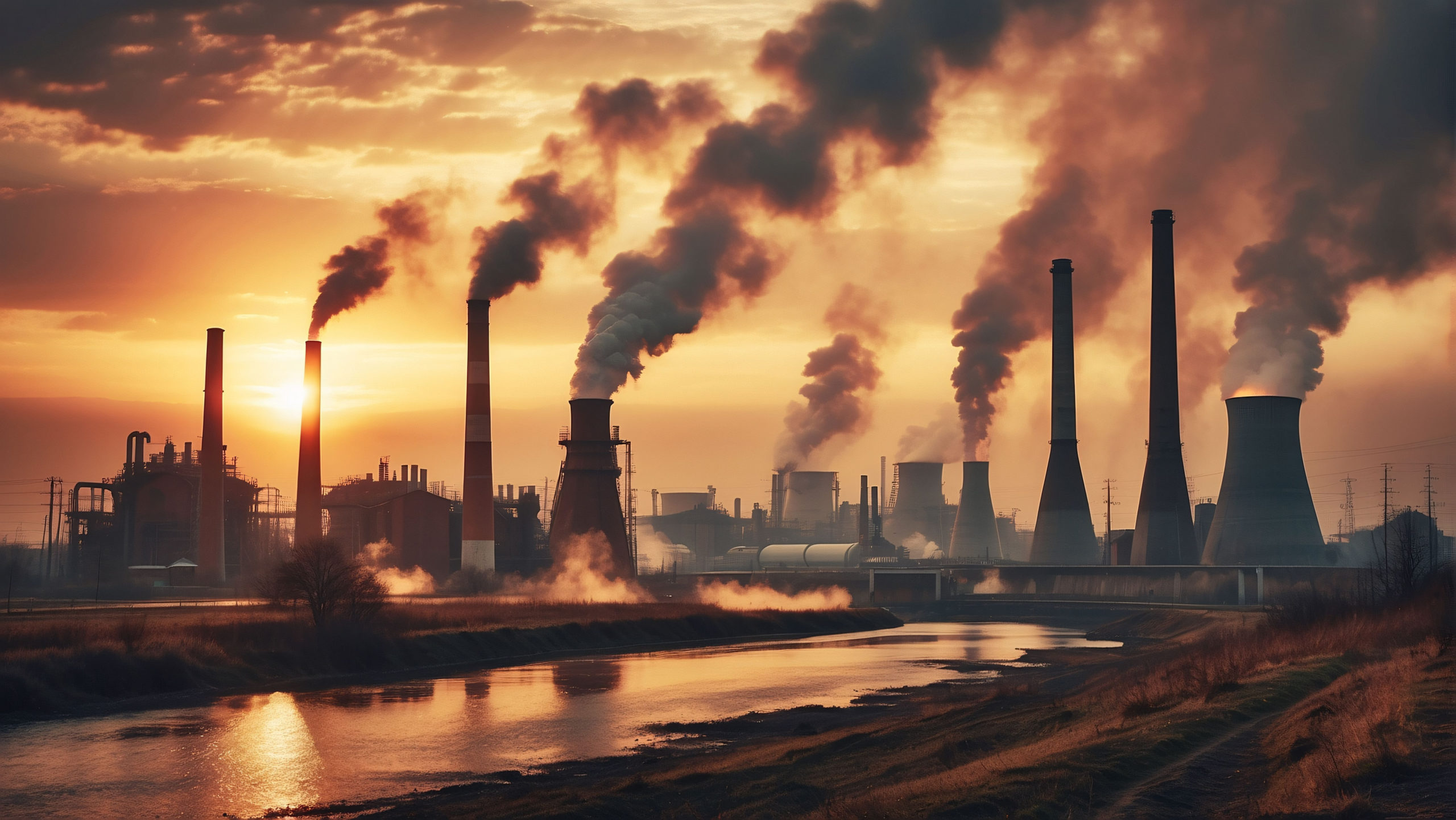 Power plant with smoking chimneys on a background of blue sky.Factories ...