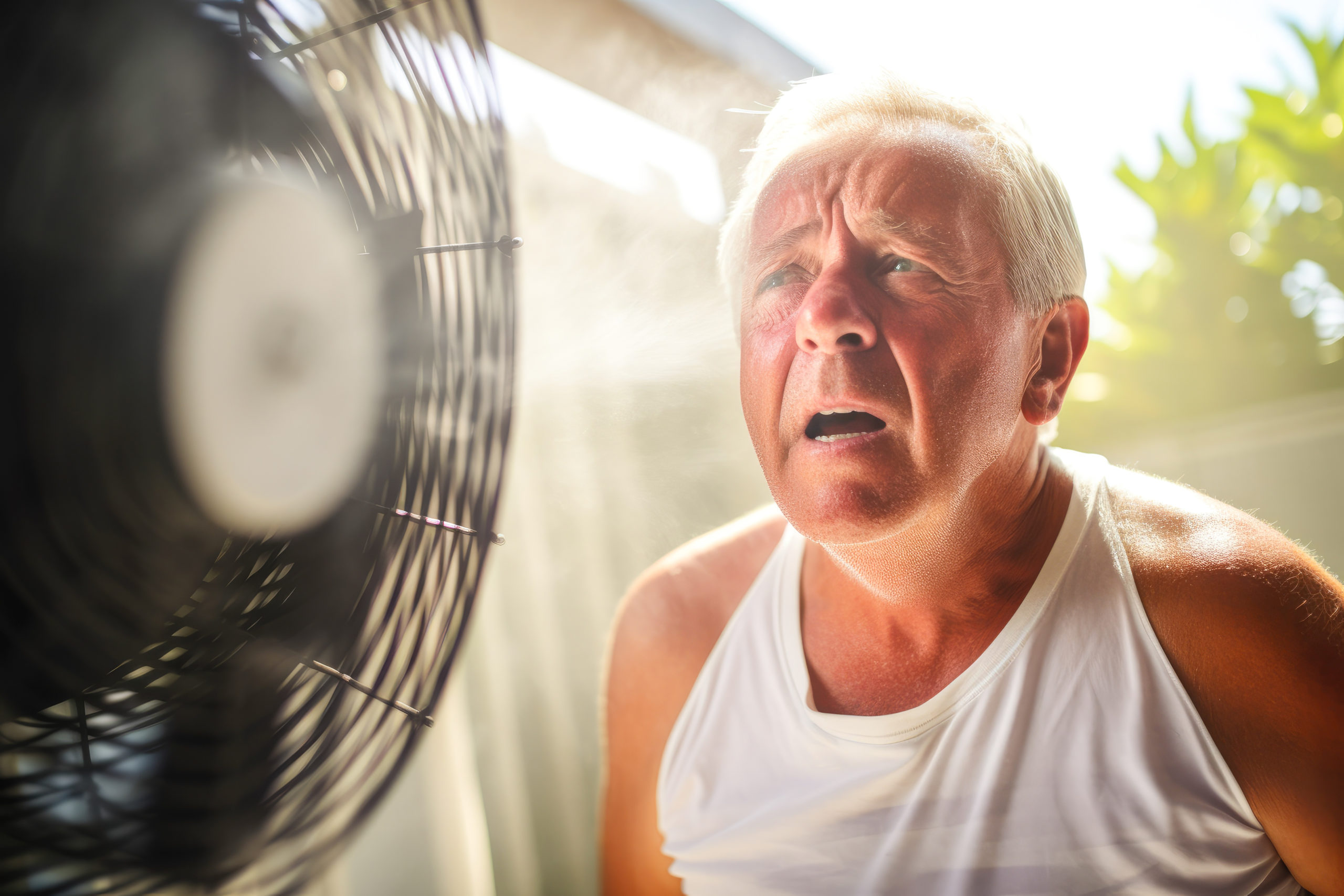 Senior man cooling by the fan outside on a hot summer day, heat ...