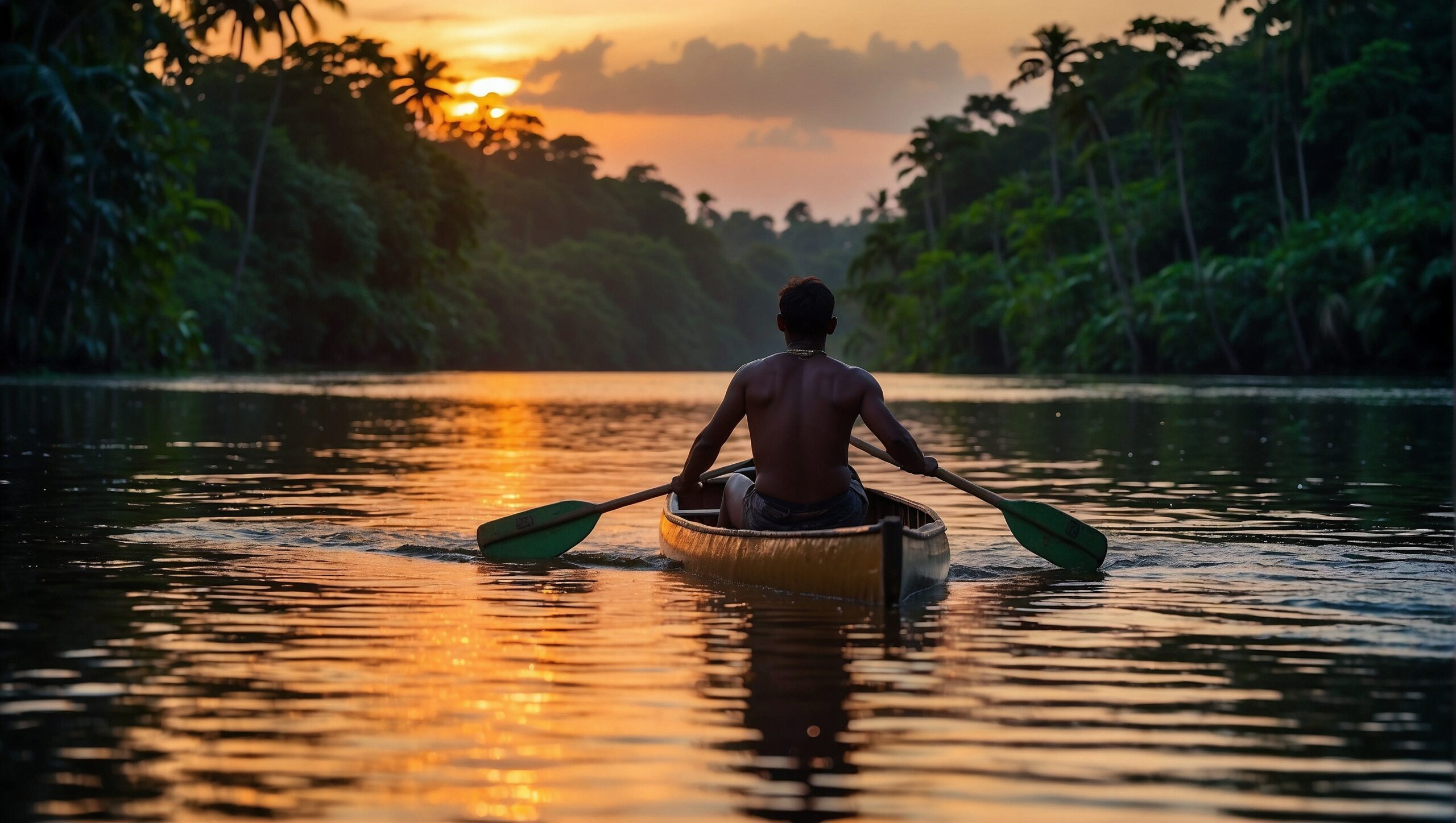 Ribeirinhos navegando em uma canoa, em um rio tributário do Rio ...
